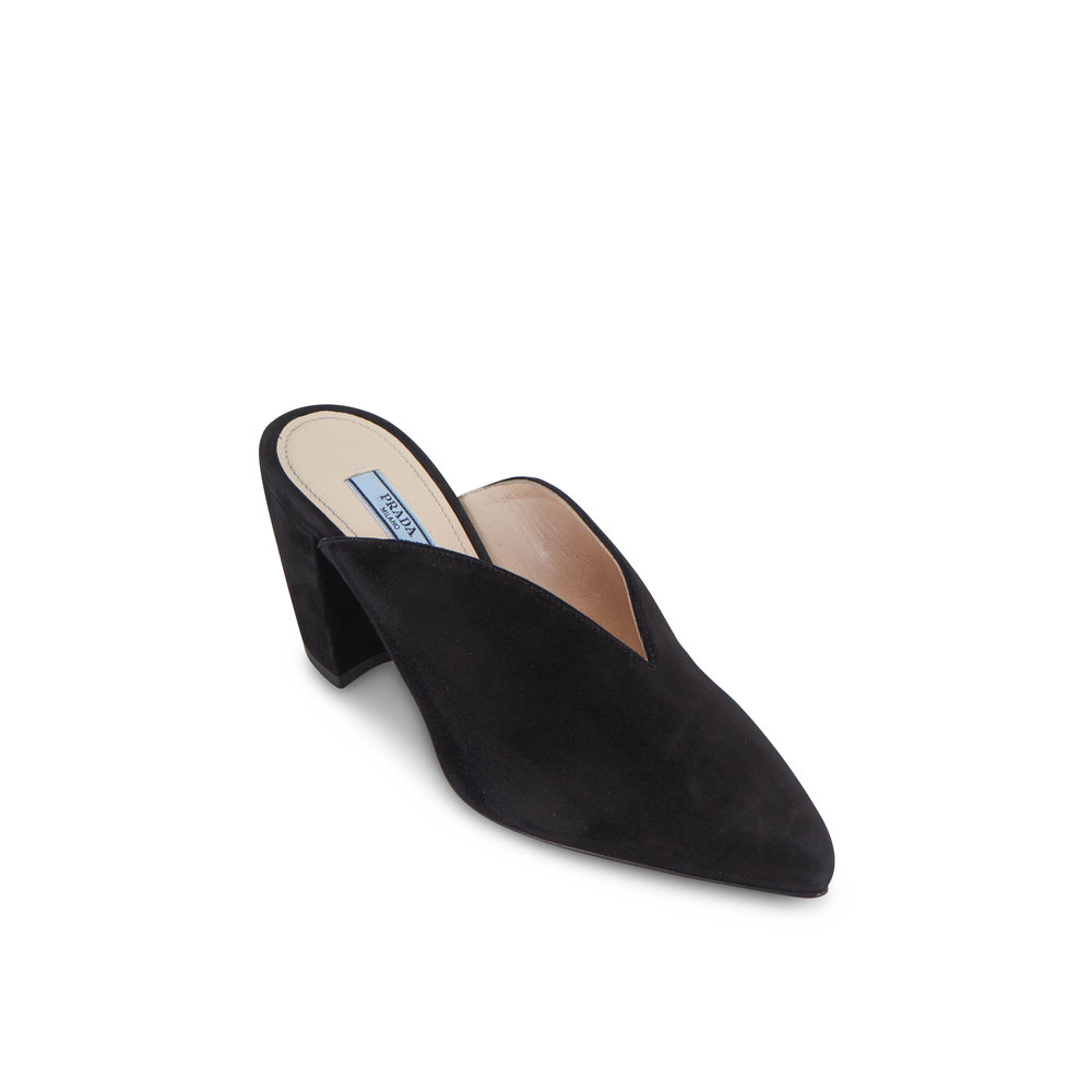 Prada - Black Suede V-Neck Block Heel Mule, 65mm | Mitchell Stores