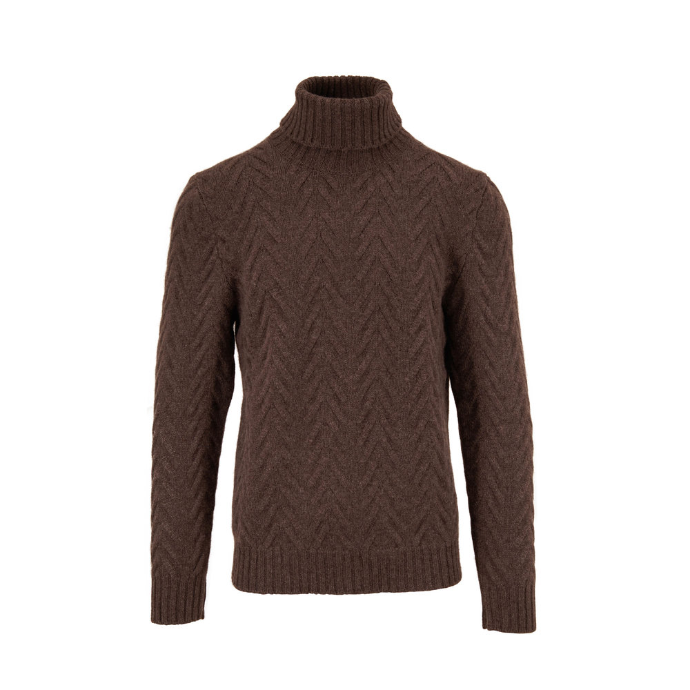 Kiton - Brown Cashmere Cable Knit Turtleneck | Mitchell Stores