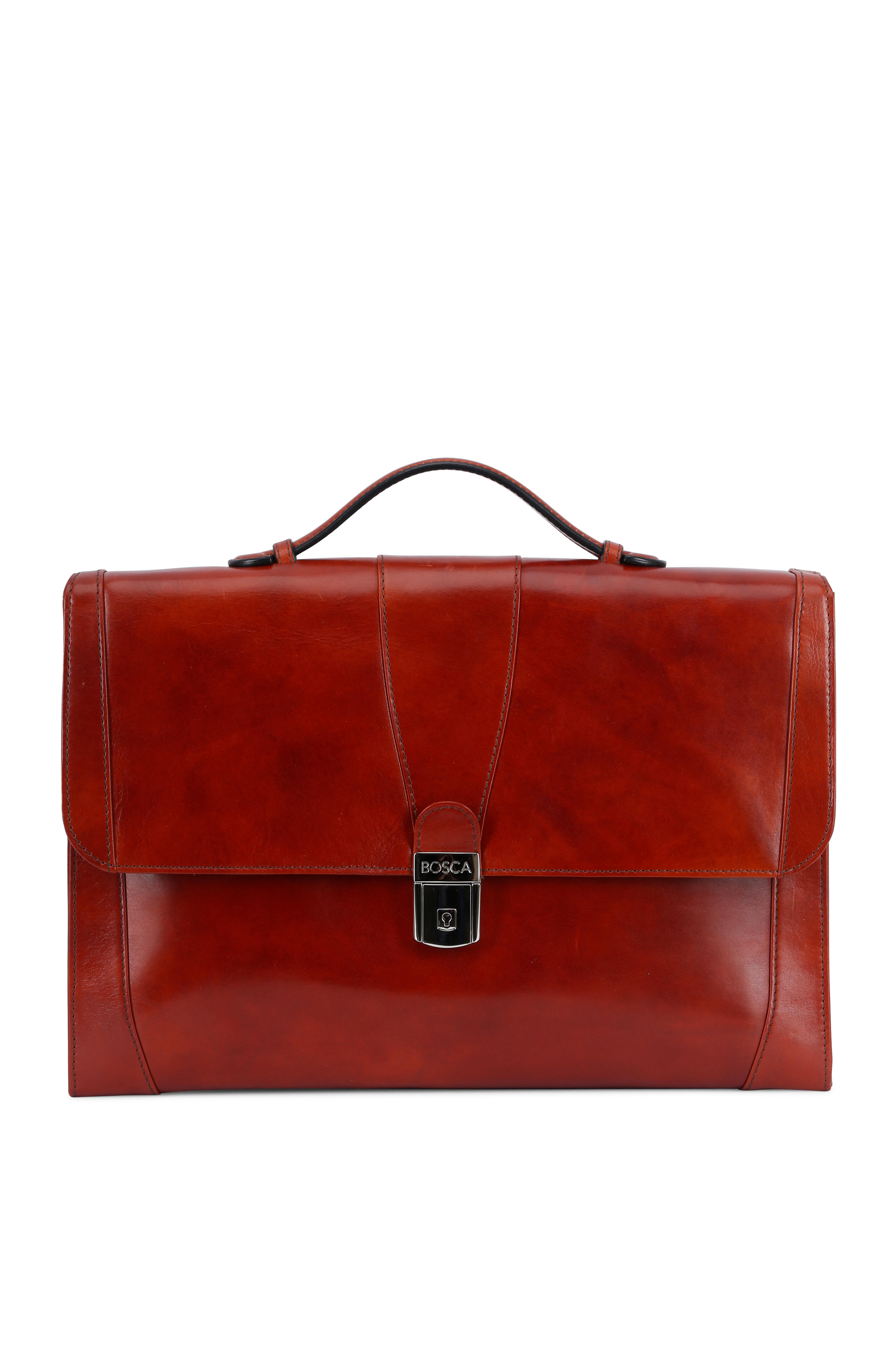 Bosca - Hand Stained Cognac Leather Flap Front Briefcase | Mitchell Stores