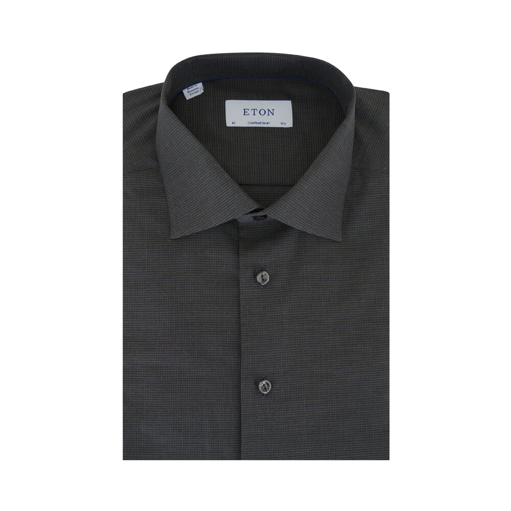 Eton - Dark Green Mini Houndstooth Cotton Dress Shirt