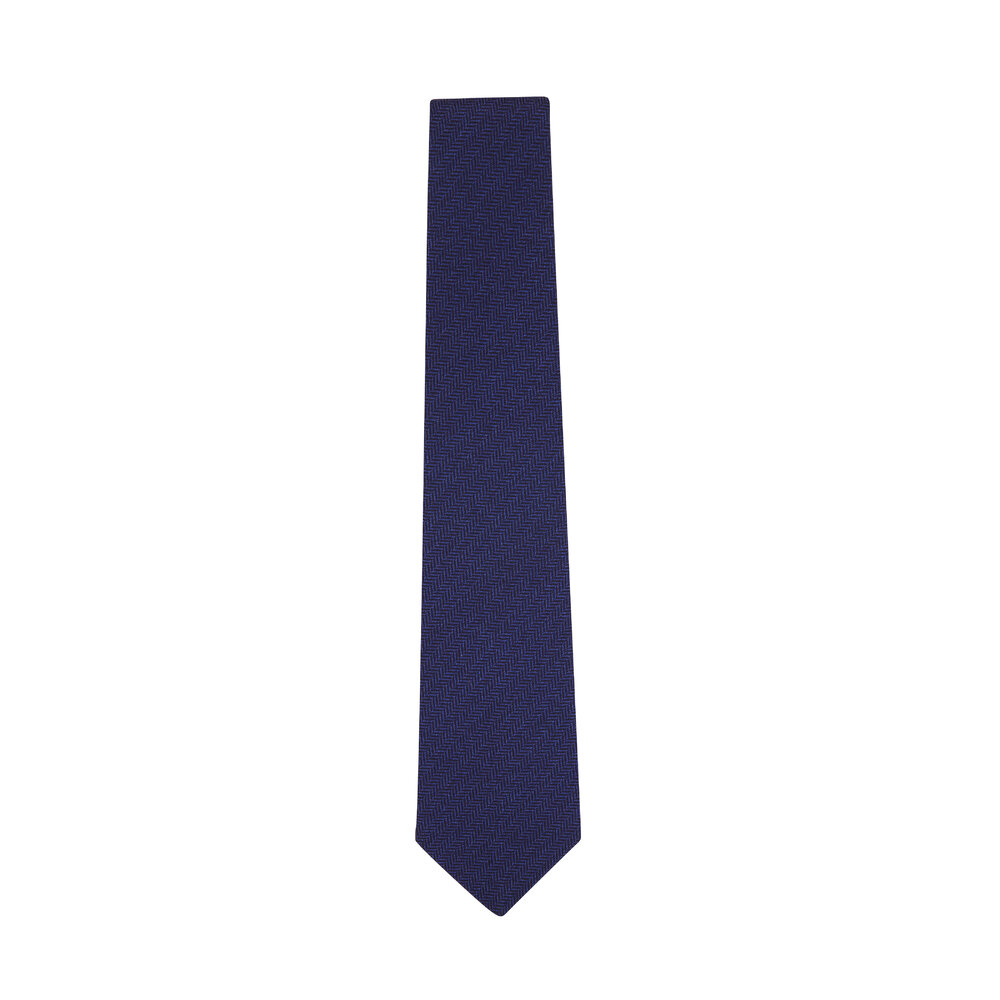 Kiton - Blue Herringbone Silk Necktie | Mitchell Stores