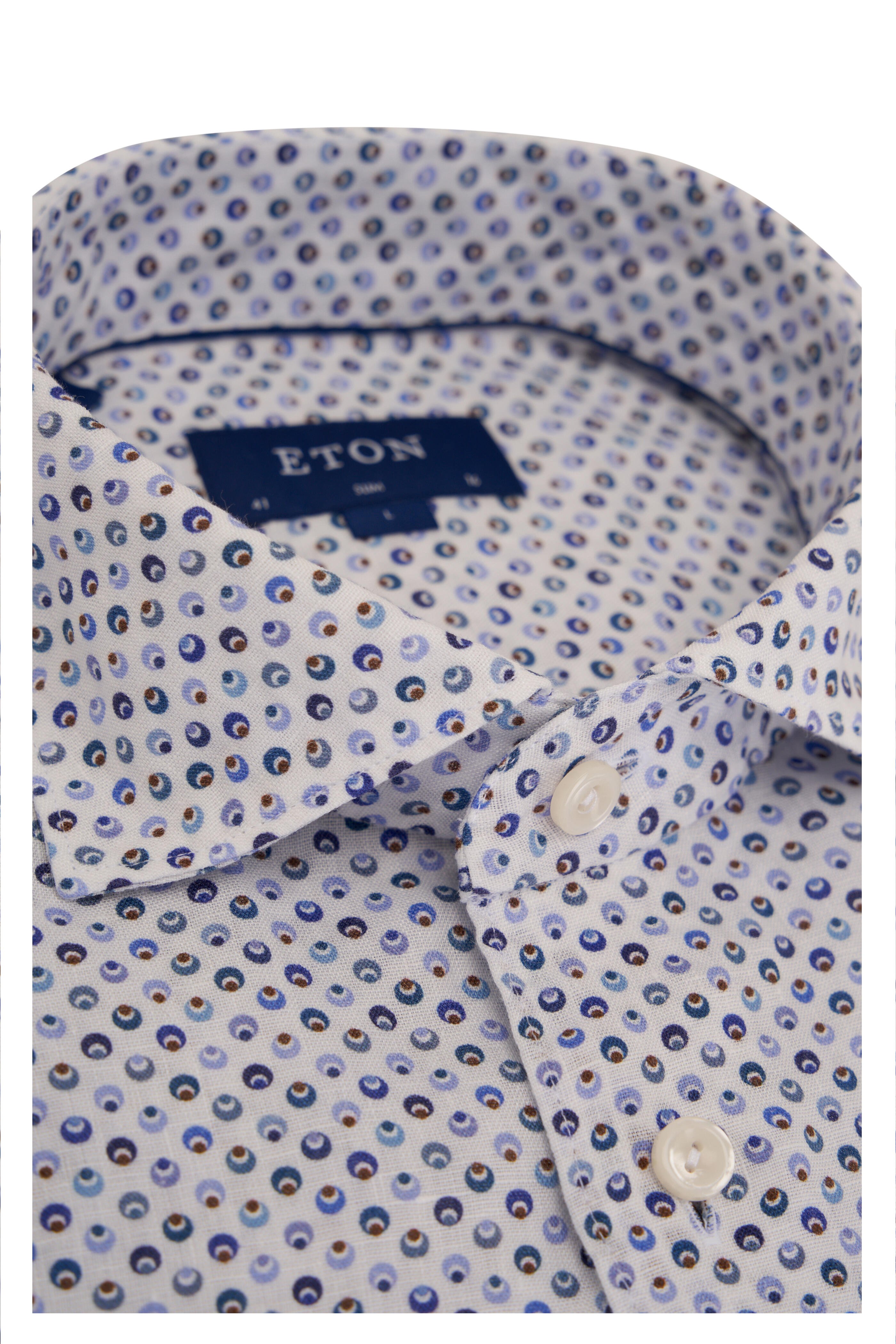 Eton - White & Blue Dot Print Linen Dress Shirt
