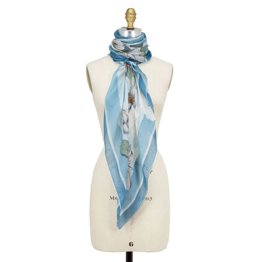 Loro Piana - Turquoise Cashmere Magnolia Print Scarf