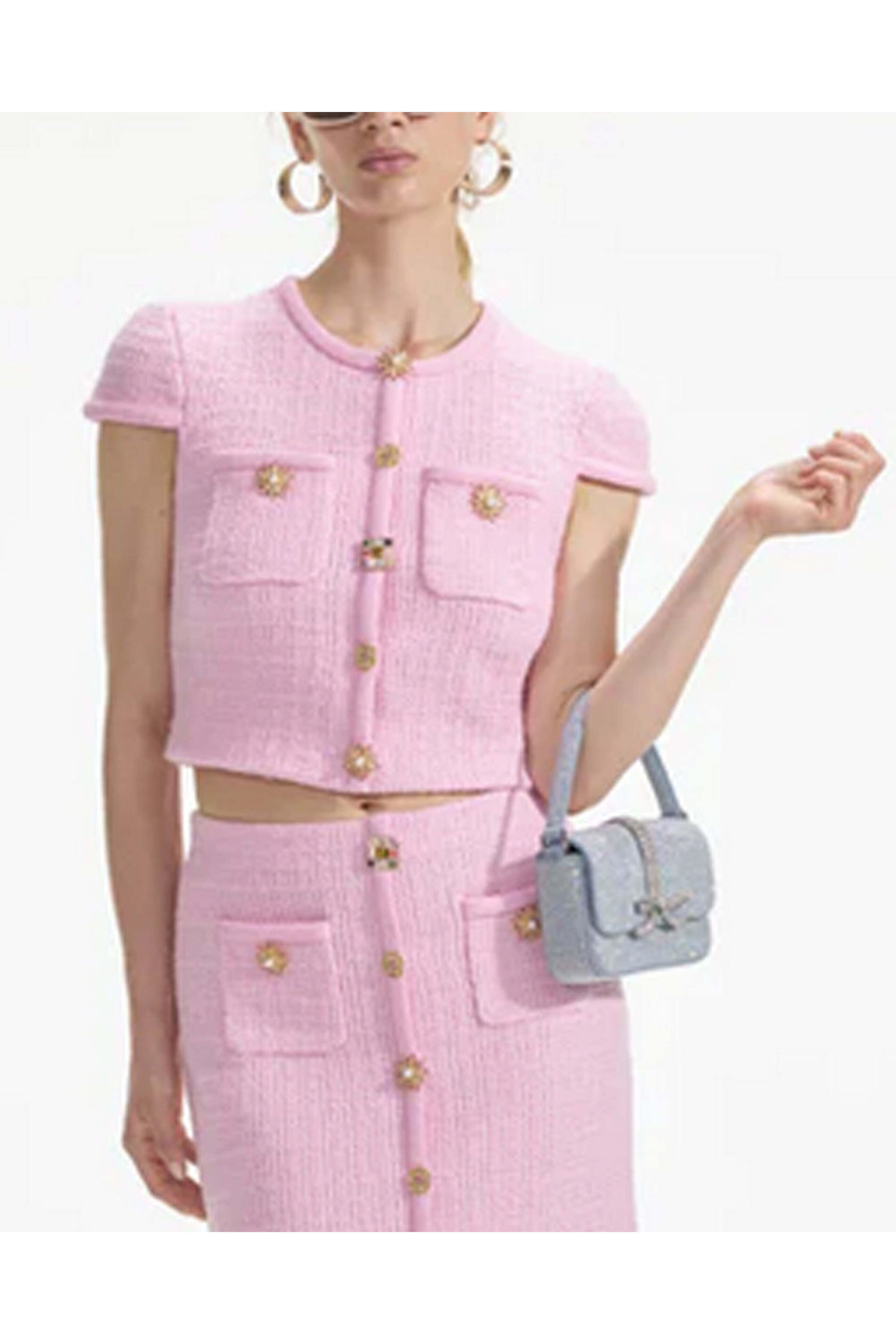 Self - Portrait - Pink Knit Button Up Top | Mitchell Stores