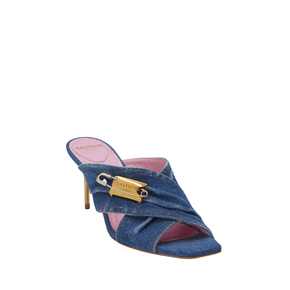 Balmain - Denim Safety Pin Mules in Blue Jean | Mitchell Stores