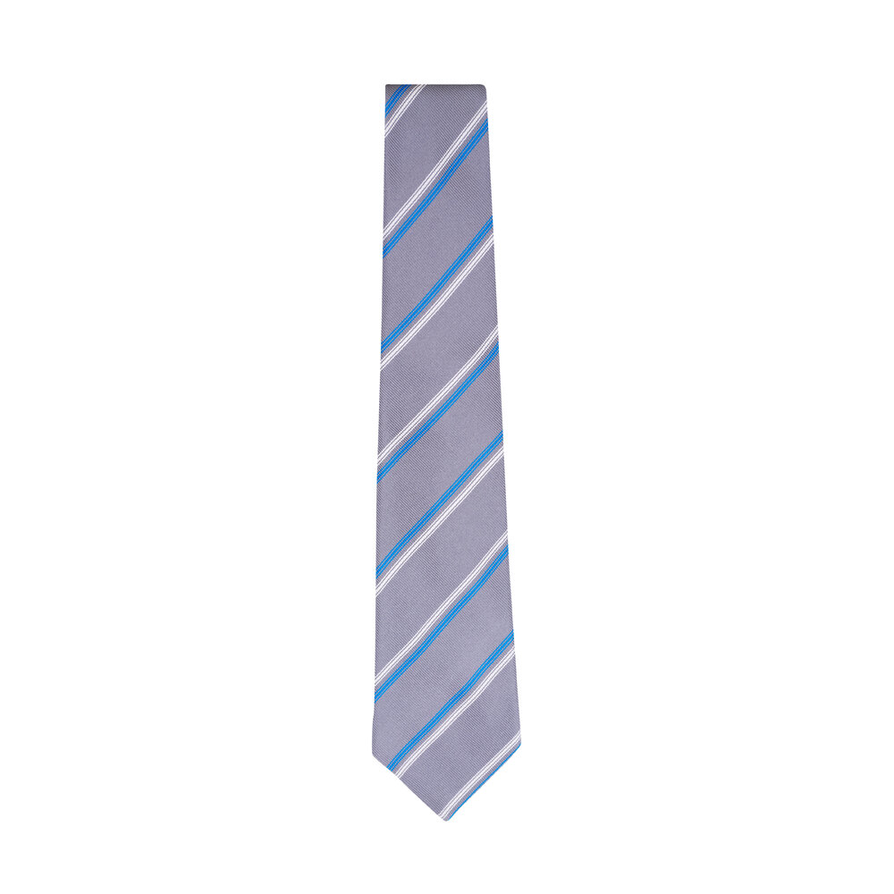 Kiton - Gray & Blue Strip Silk Necktie | Mitchell Stores