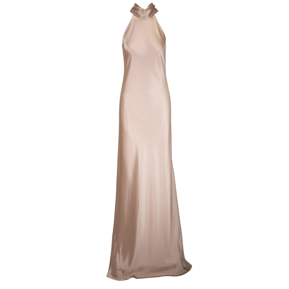 Galvan - Sienna Sand High Neck Satin Gown | Mitchell Stores