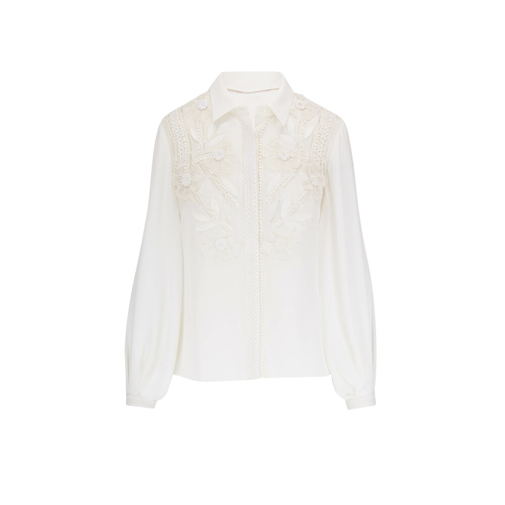 Carolina Herrera - White Silk Embroidered Balloon-Sleeve Blouse