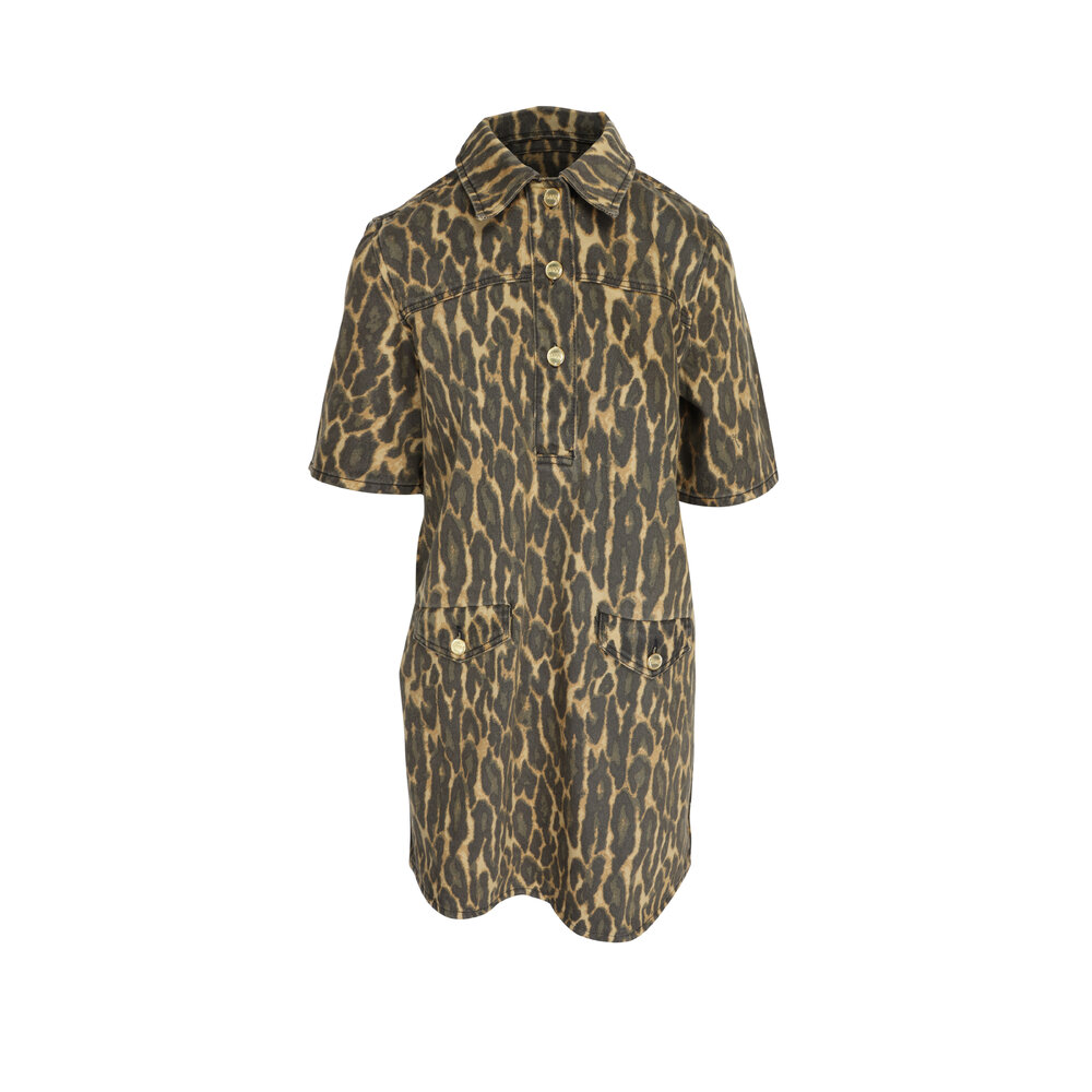 Ganni - Khaki Leopard Denim Mini Dress | Mitchell Stores