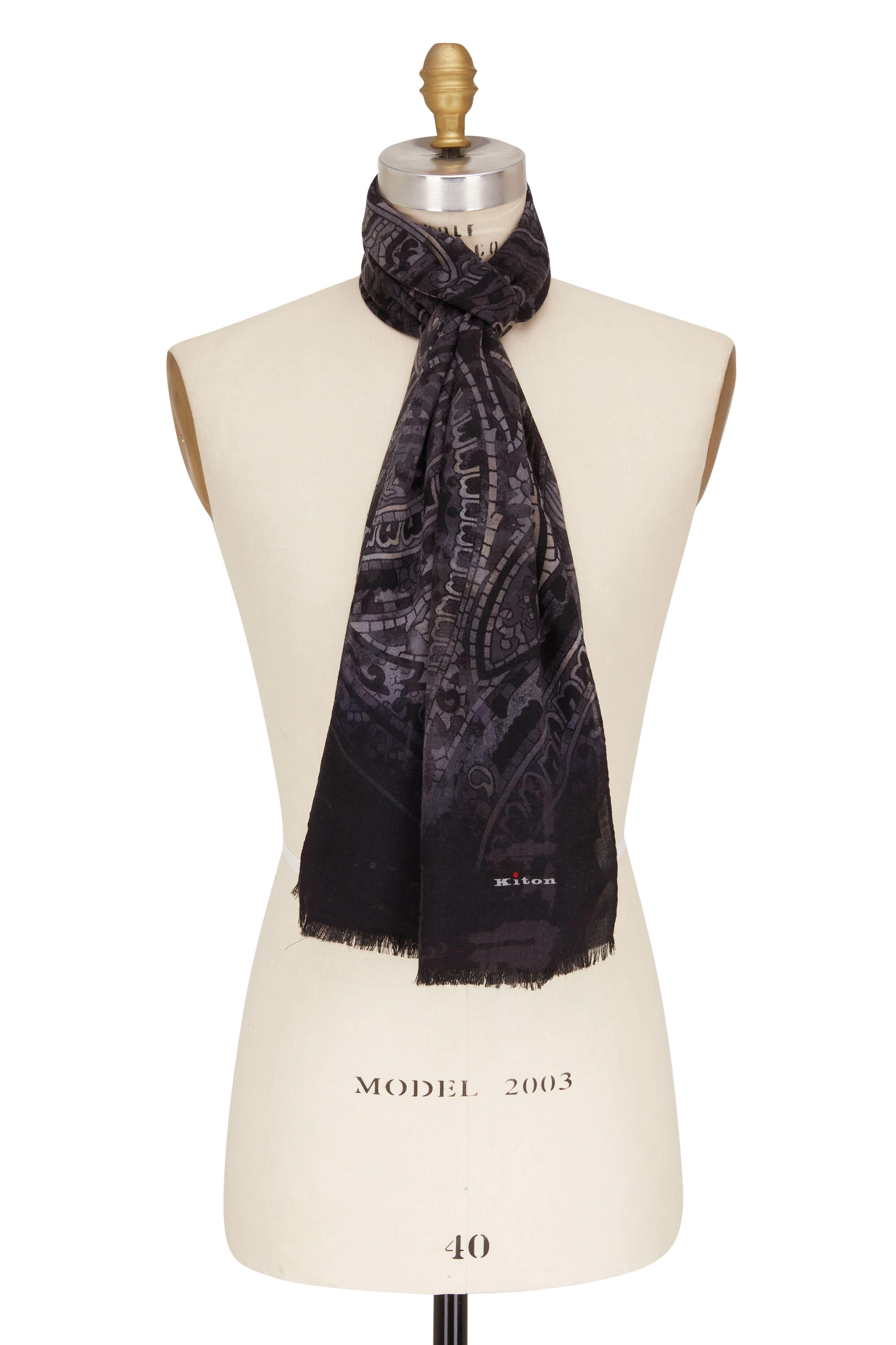 Kiton - Charcoal Gray Cashmere Abstract Print Scarf