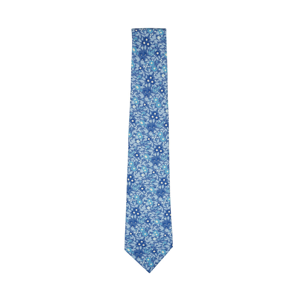 Kiton - Blue & Teal Floral Print Silk Necktie | Mitchell Stores