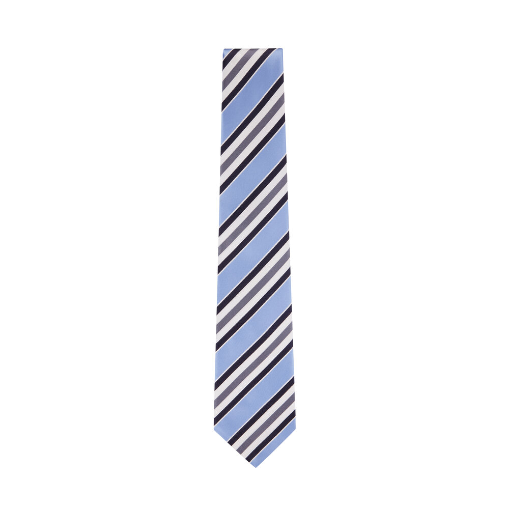 Kiton - Light Blue Large Stripe Silk Necktie | Mitchell Stores