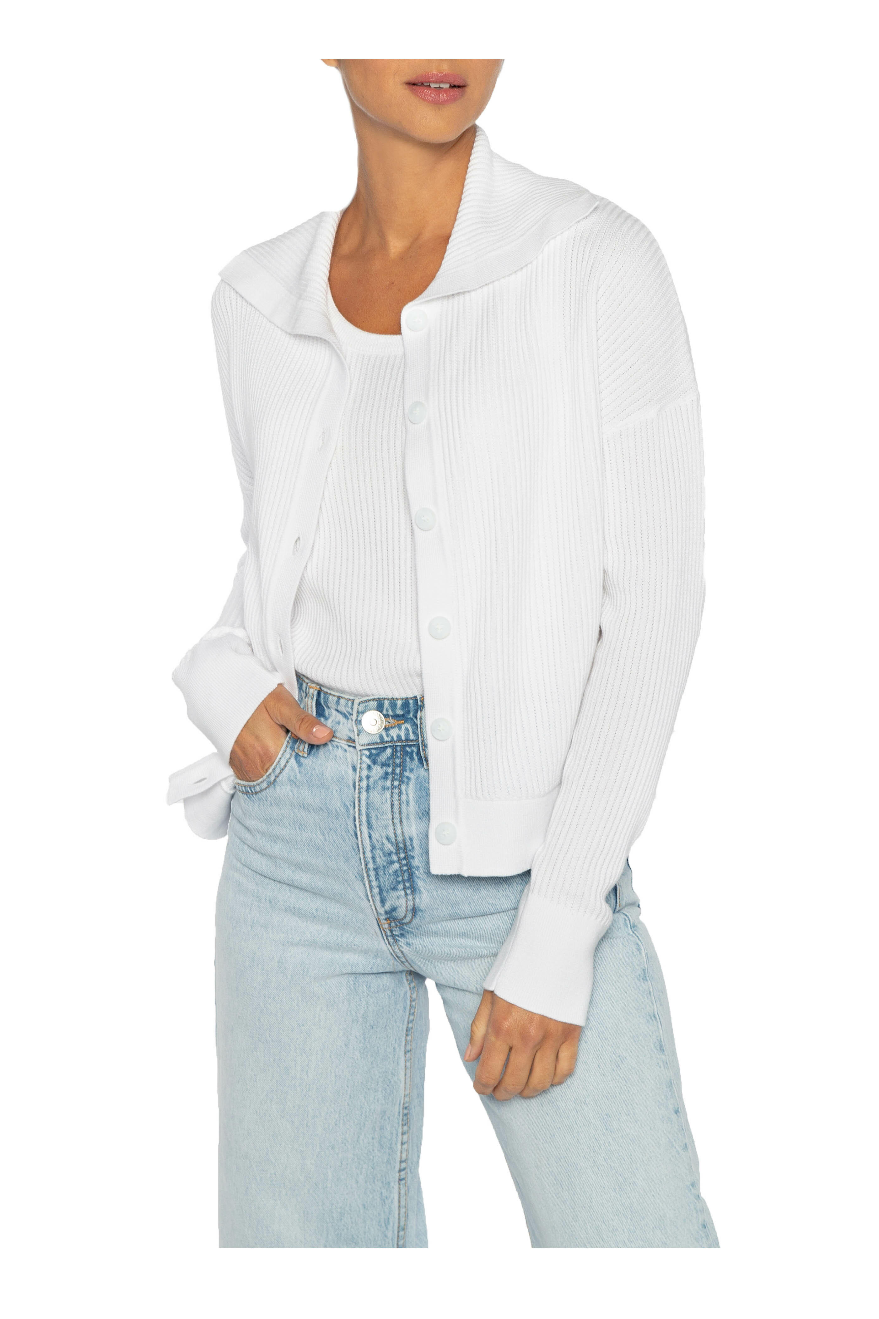 Kinross - White Ribbed Button Front Cardigan | Mitchell Stores