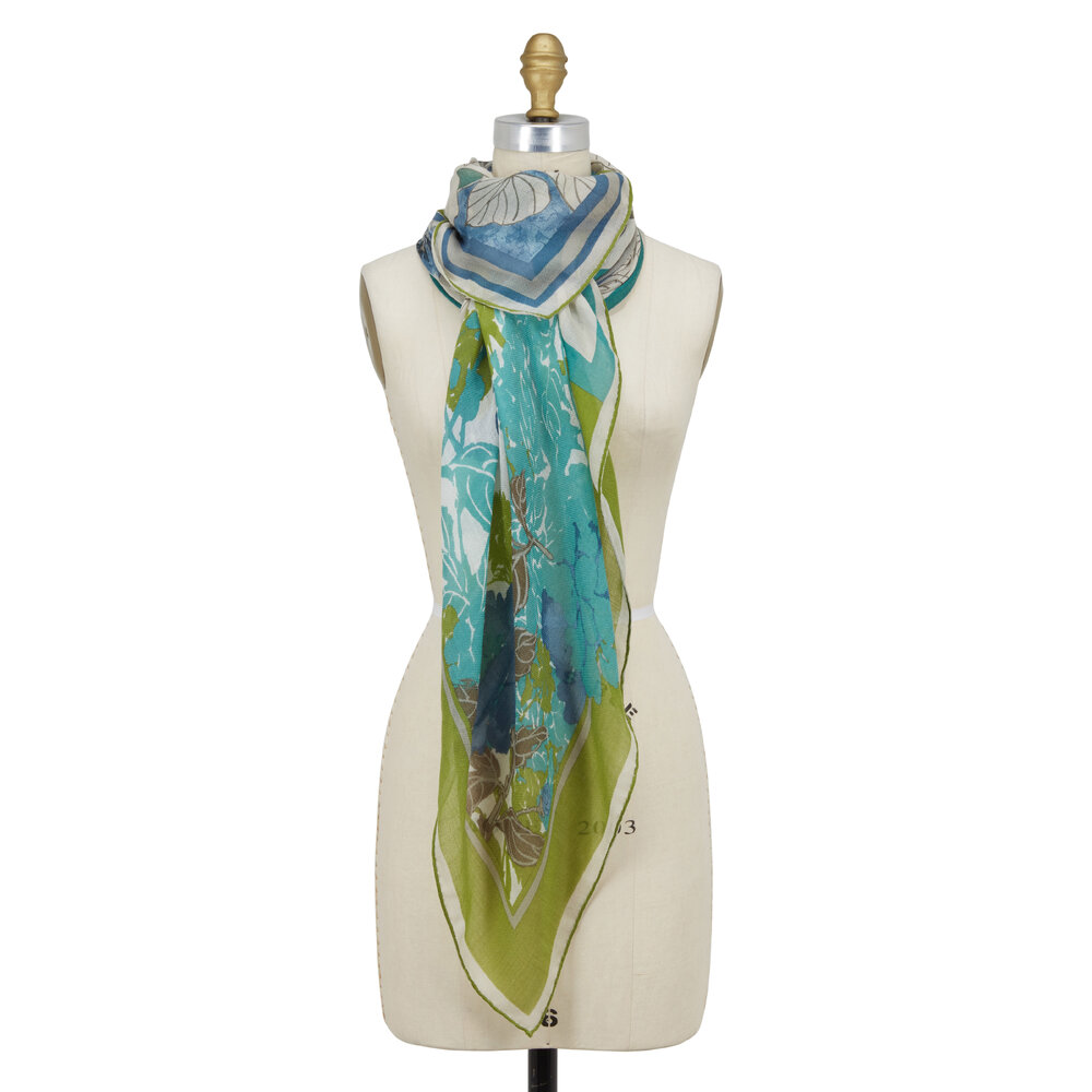 Loro Piana - Green & Teal Blue Cashmere & Silk Rose Print Scarf