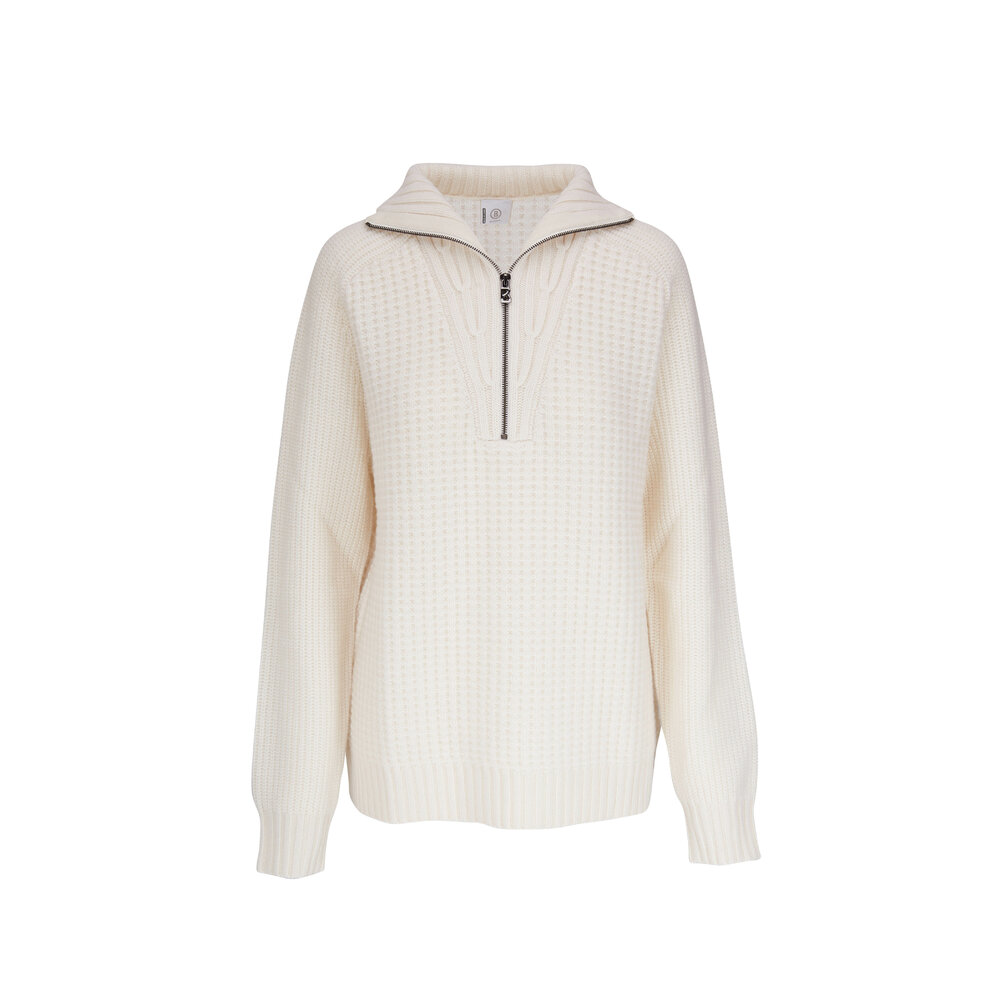 Bogner - Off-White Ribbed Cashmere Quarter Zip Pullover