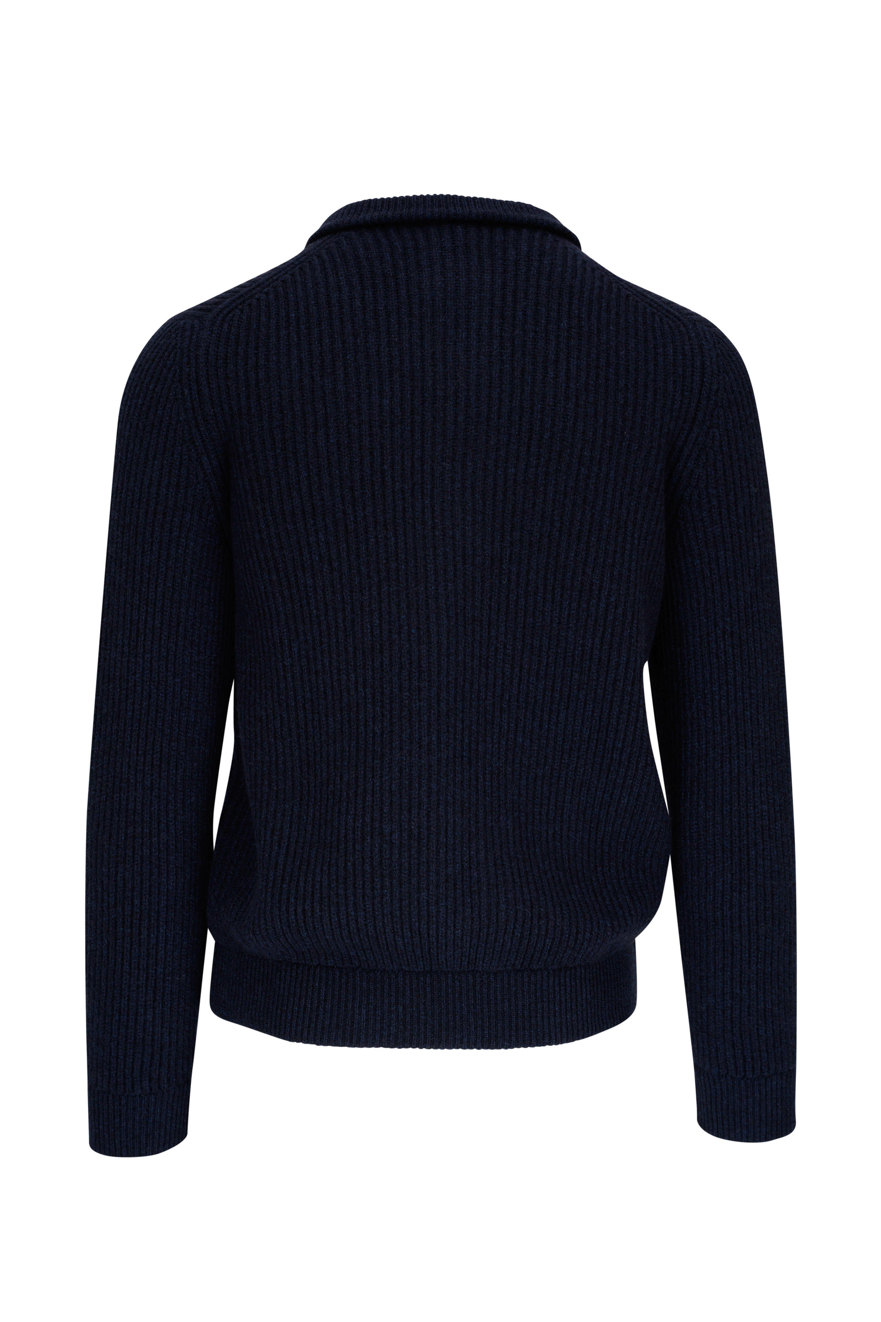 Fedeli - Navy Blue Ribbed Cashmere Full Zip Sweater