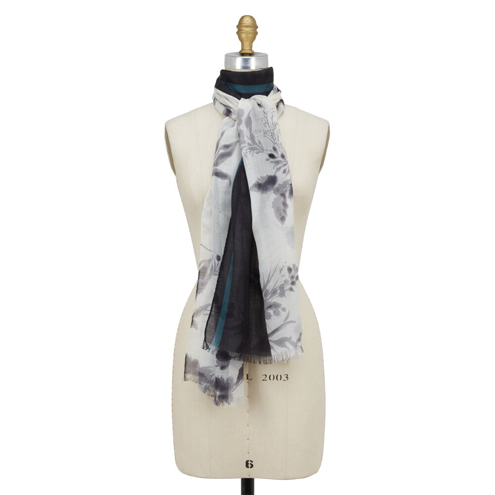 Loro Piana - Ivory, Black & Gray Cashmere & Silk Floral Scarf