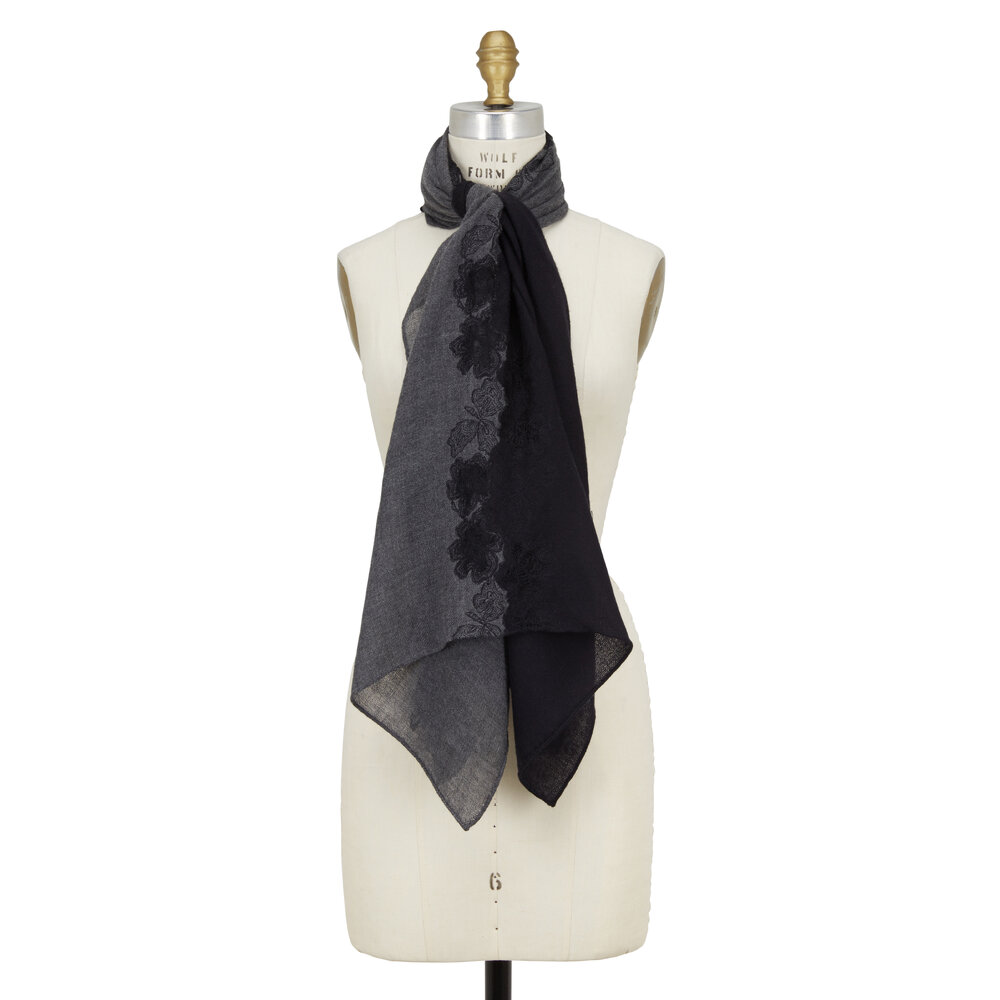 Loro Piana - Gray Cashmere & Silk Rose Embroidered Scarf