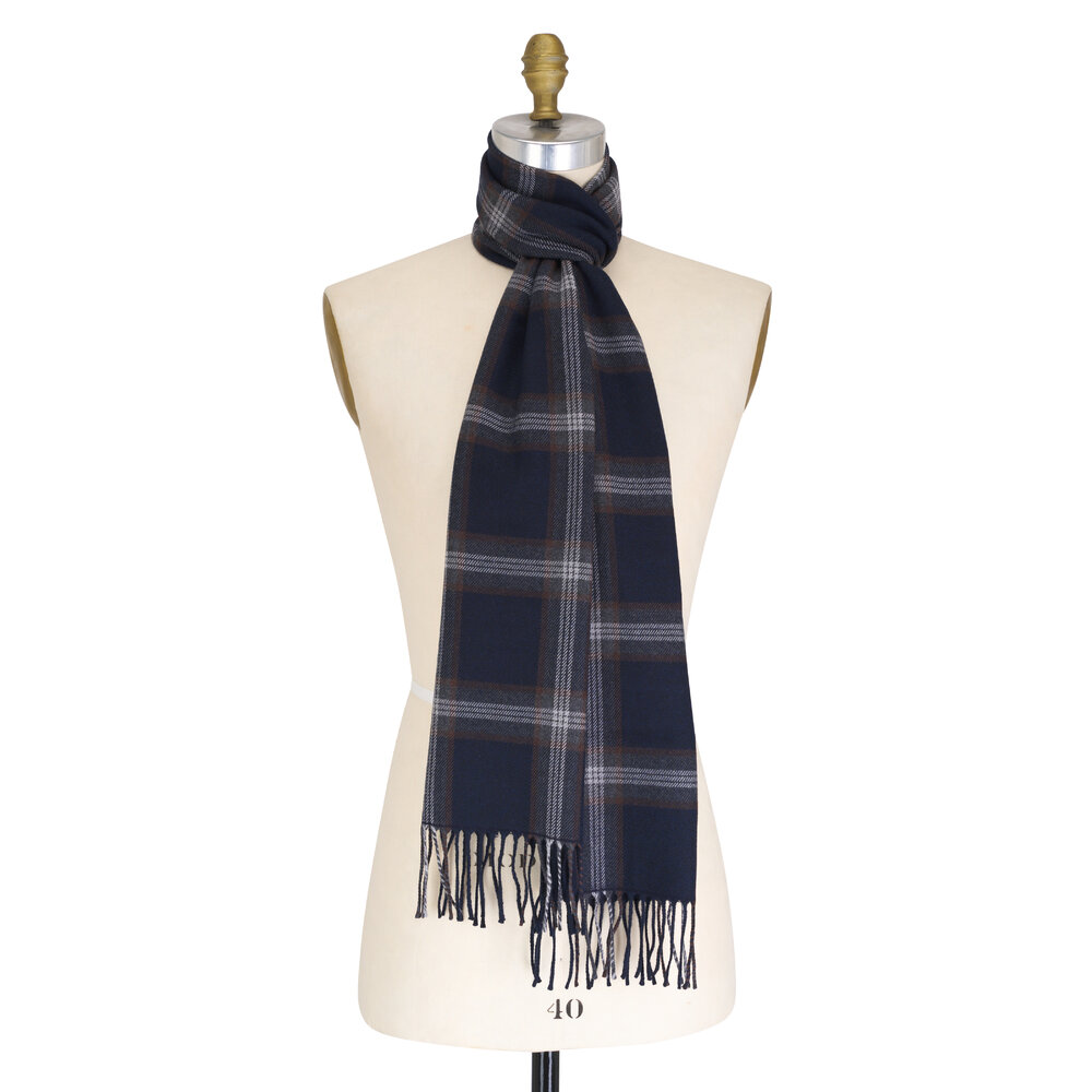 Eton - Navy Check Wool Fringe Scarf | Mitchell Stores