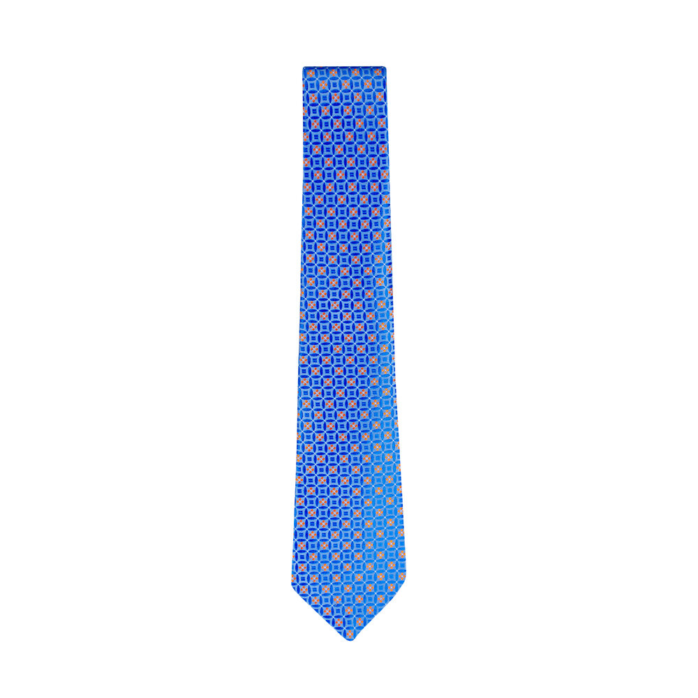 Kiton - Medium Blue Geometric Print Silk Necktie