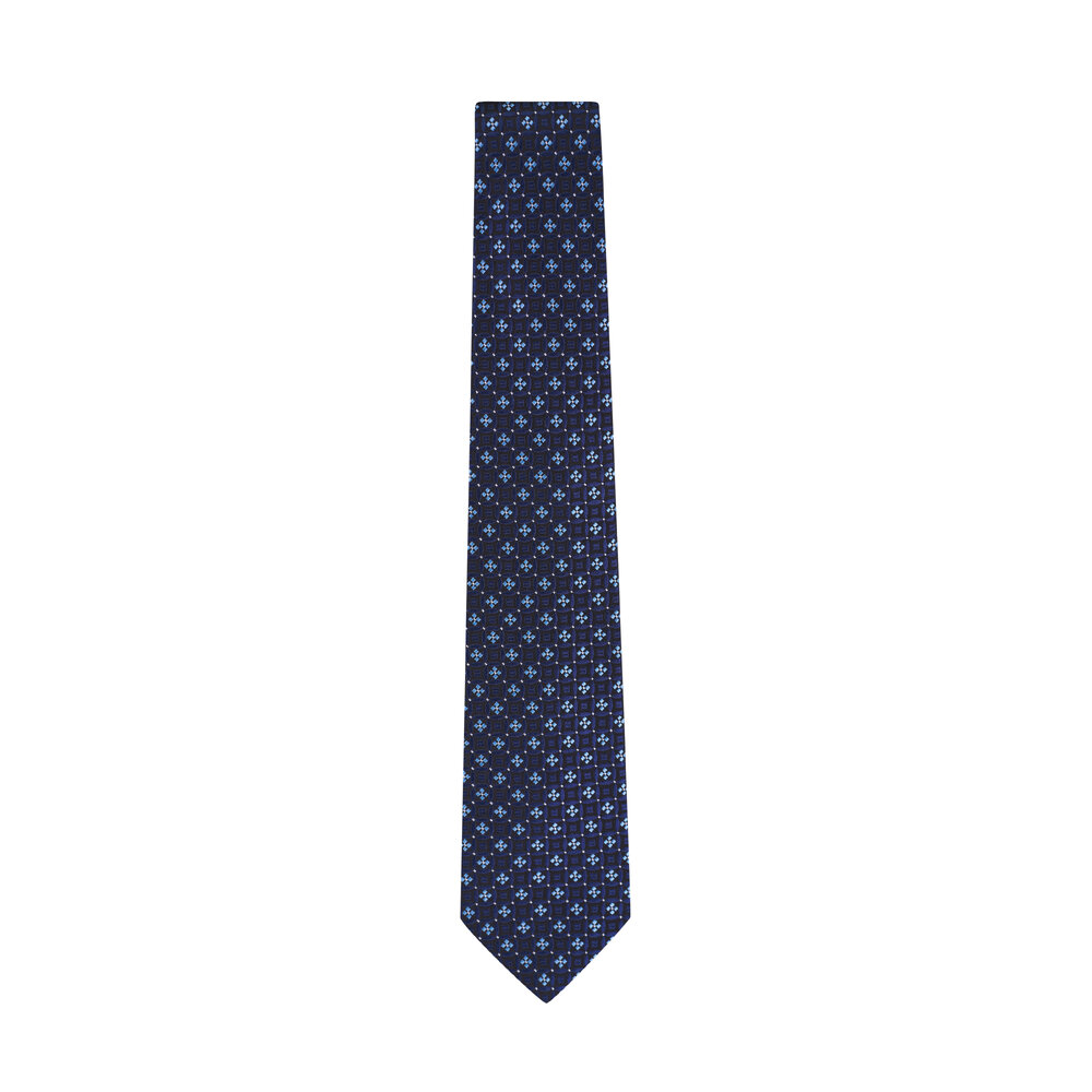 Kiton - Medium Navy Geometric Print Silk Necktie