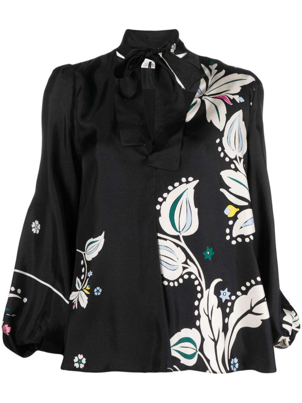 Dorothee Schumacher - Flower Whirl Black Mix Silk Tie Neck Blouse