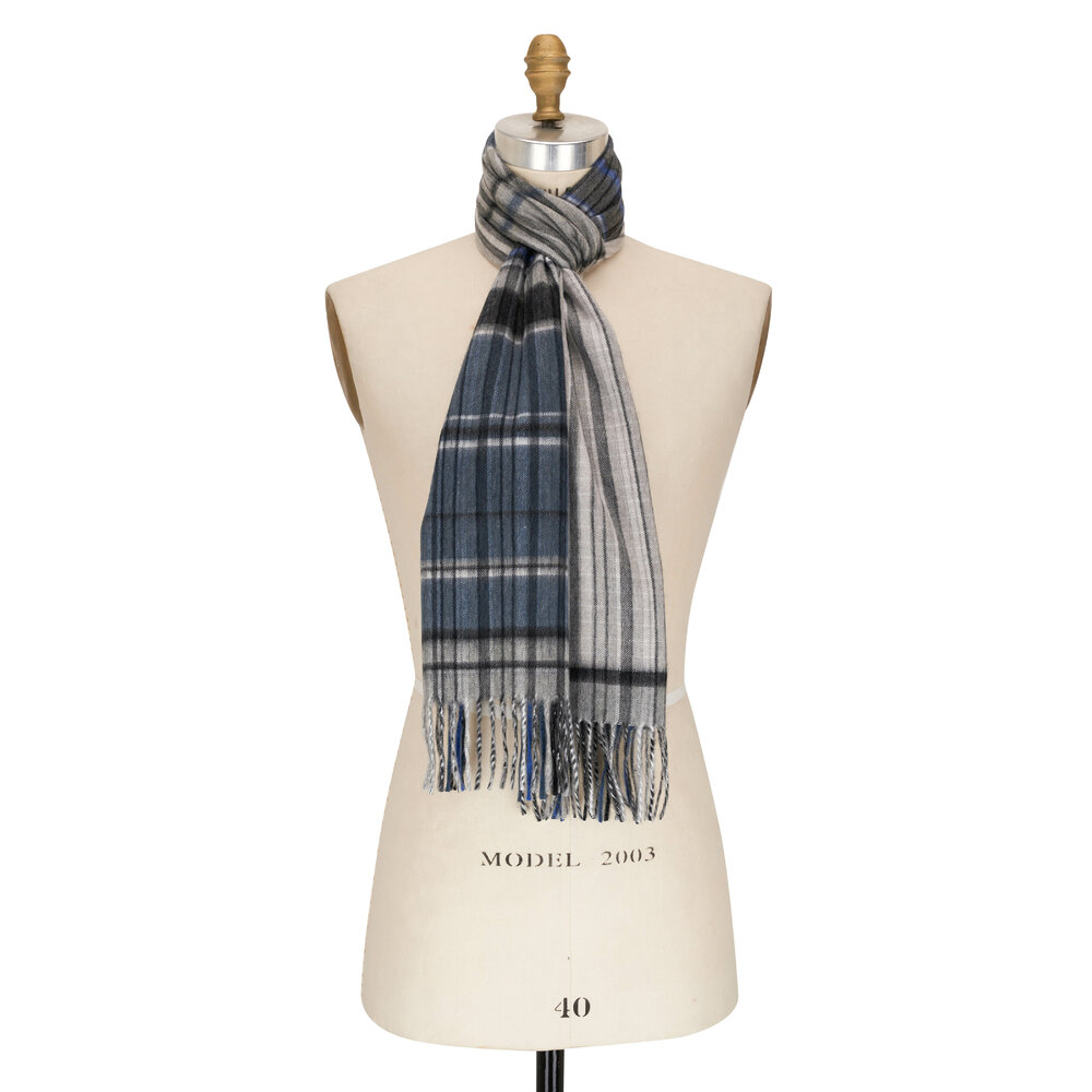 Alex Begg - Arran Kenner Navy Gray Plaid Cashmere Scarf