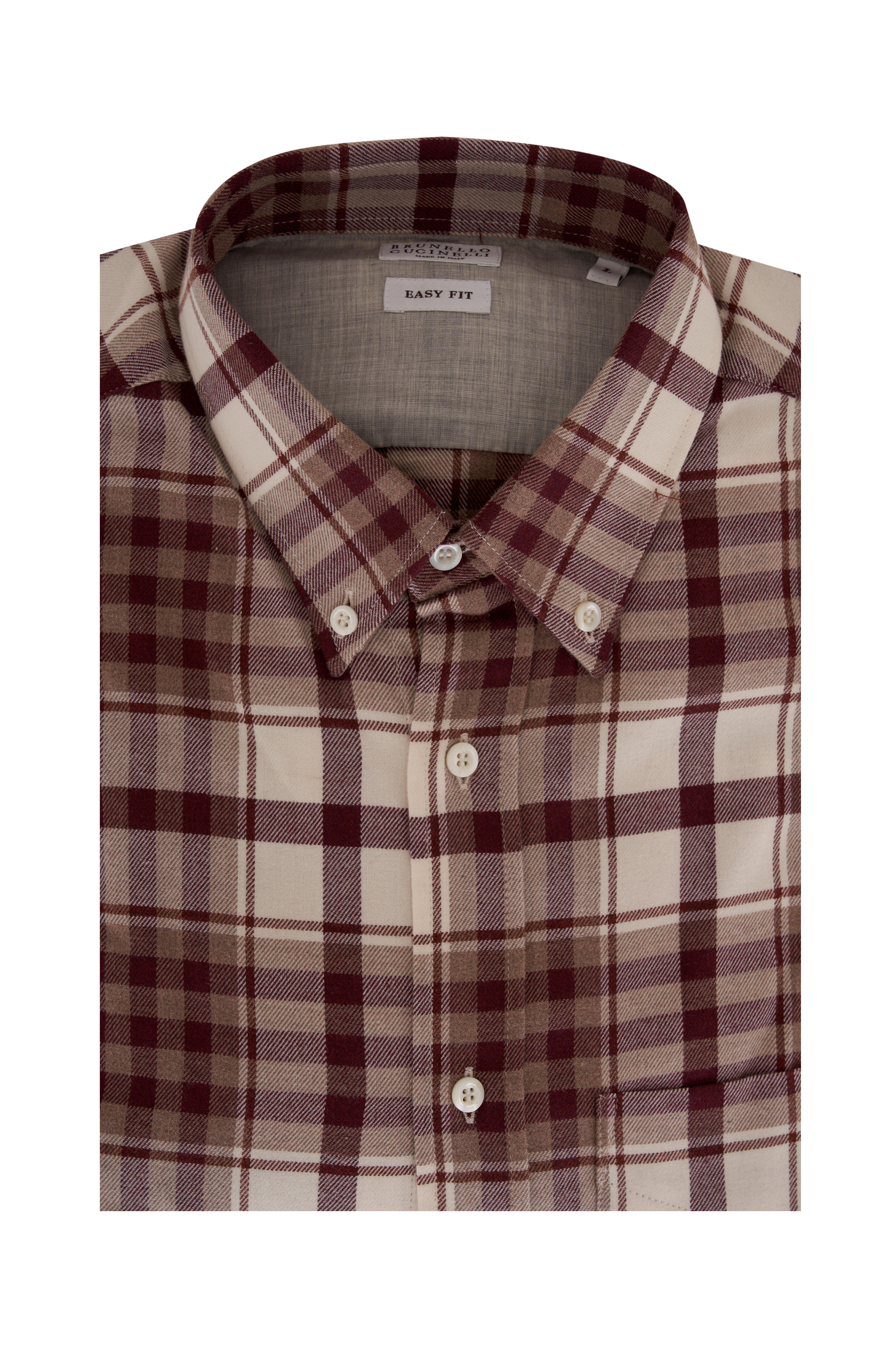 Brunello Cucinelli - Burgundy & Tan Plaid Cotton Flannel Sport Shirt