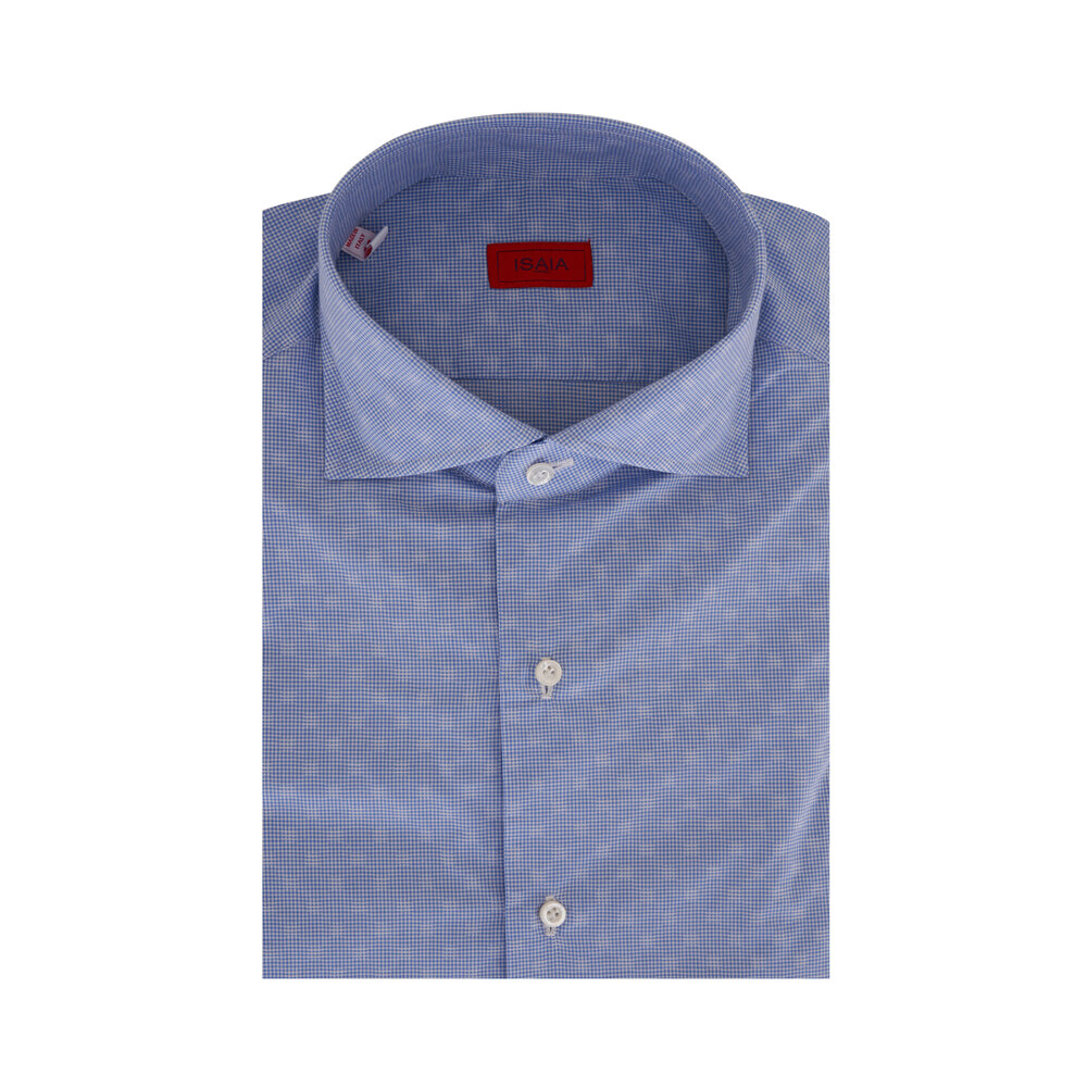 Isaia - Light Blue Textured Micro Check Cotton Dress Shirt