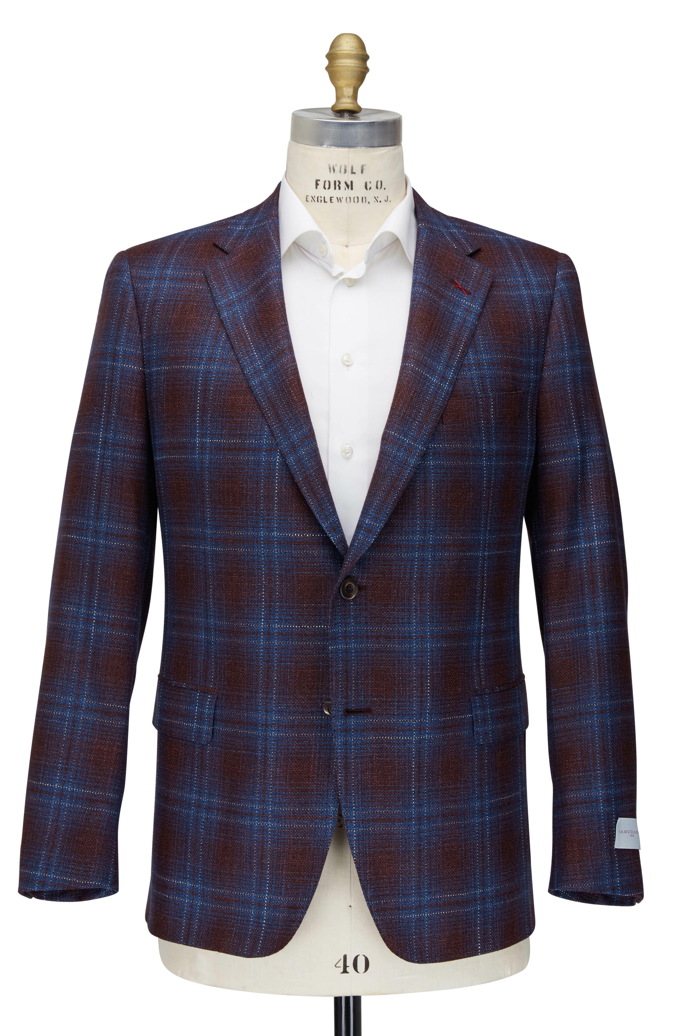 Samuelsohn - Dark Red & Navy Plaid Wool & Silk Sportcoat
