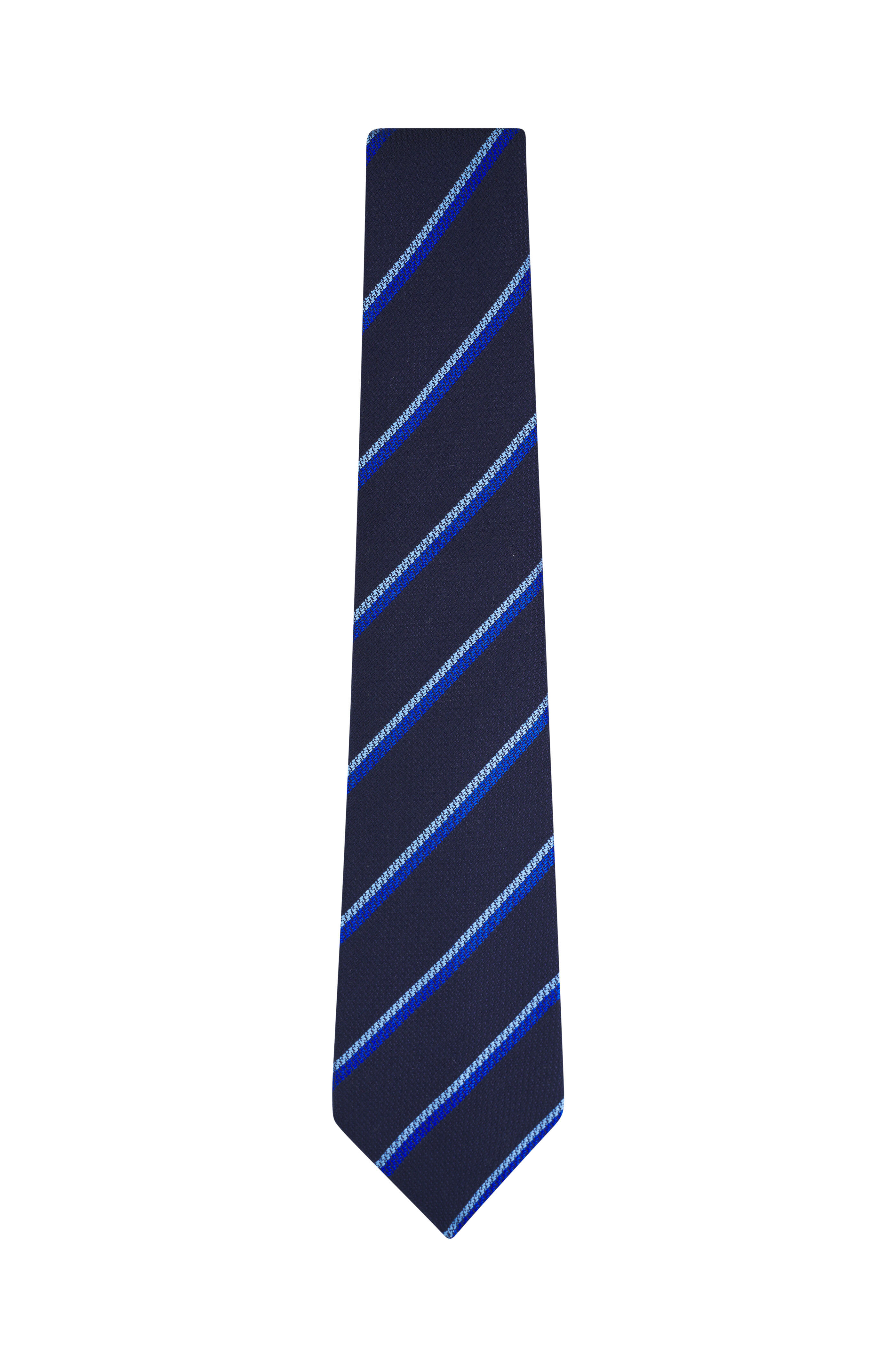 Kiton - Navy Blue Stripe Silk & Wool Necktie | Mitchell Stores