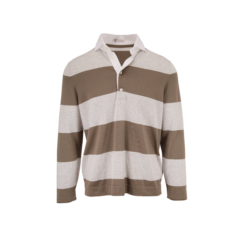 Brunello Cucinelli - Olive & Gray Stripe Rugby Polo
