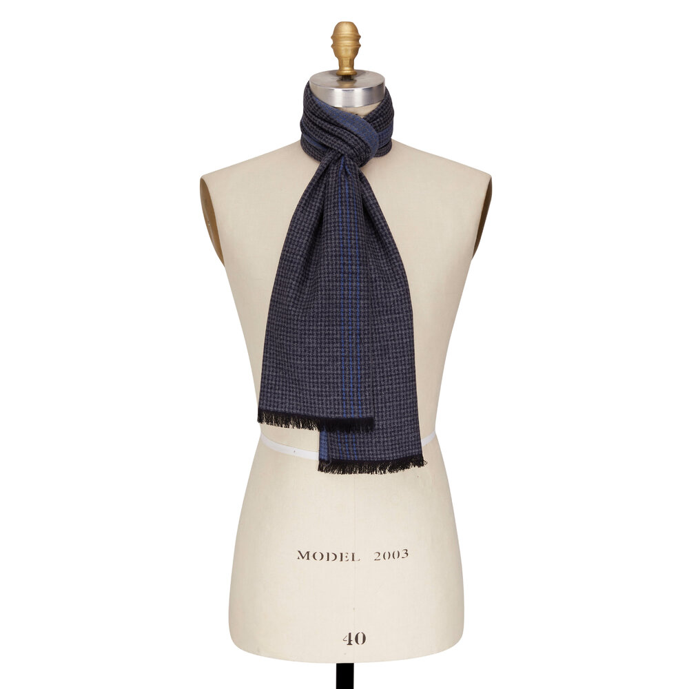 Chelsey Imports - Navy Check & Blue Stripe Silk Scarf