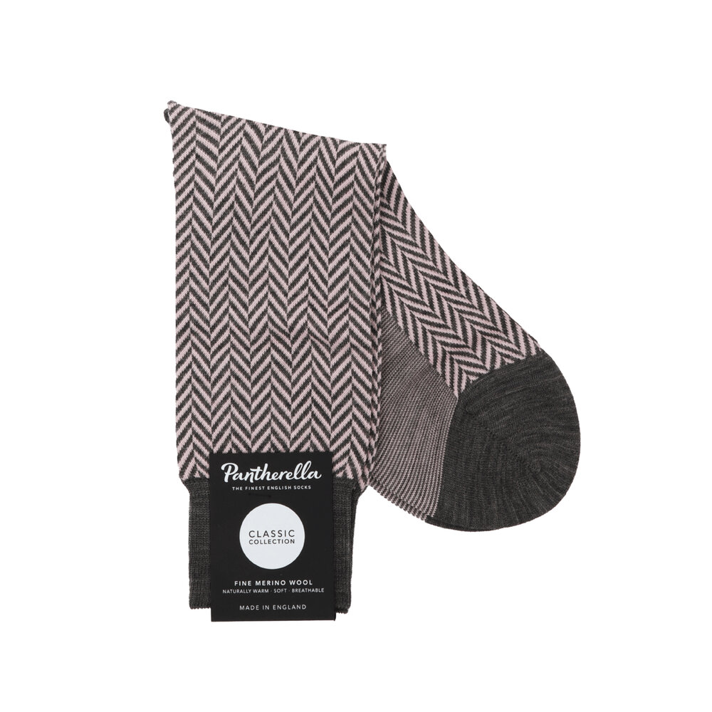 Pantherella - Gray & Pink Herringbone Midcalf Sock