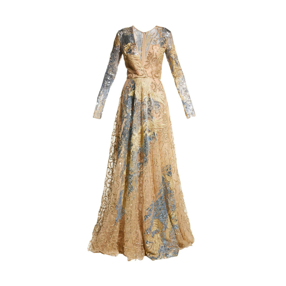 Naeem Khan - Sequin Lace Long Sleeve Gown in Gold