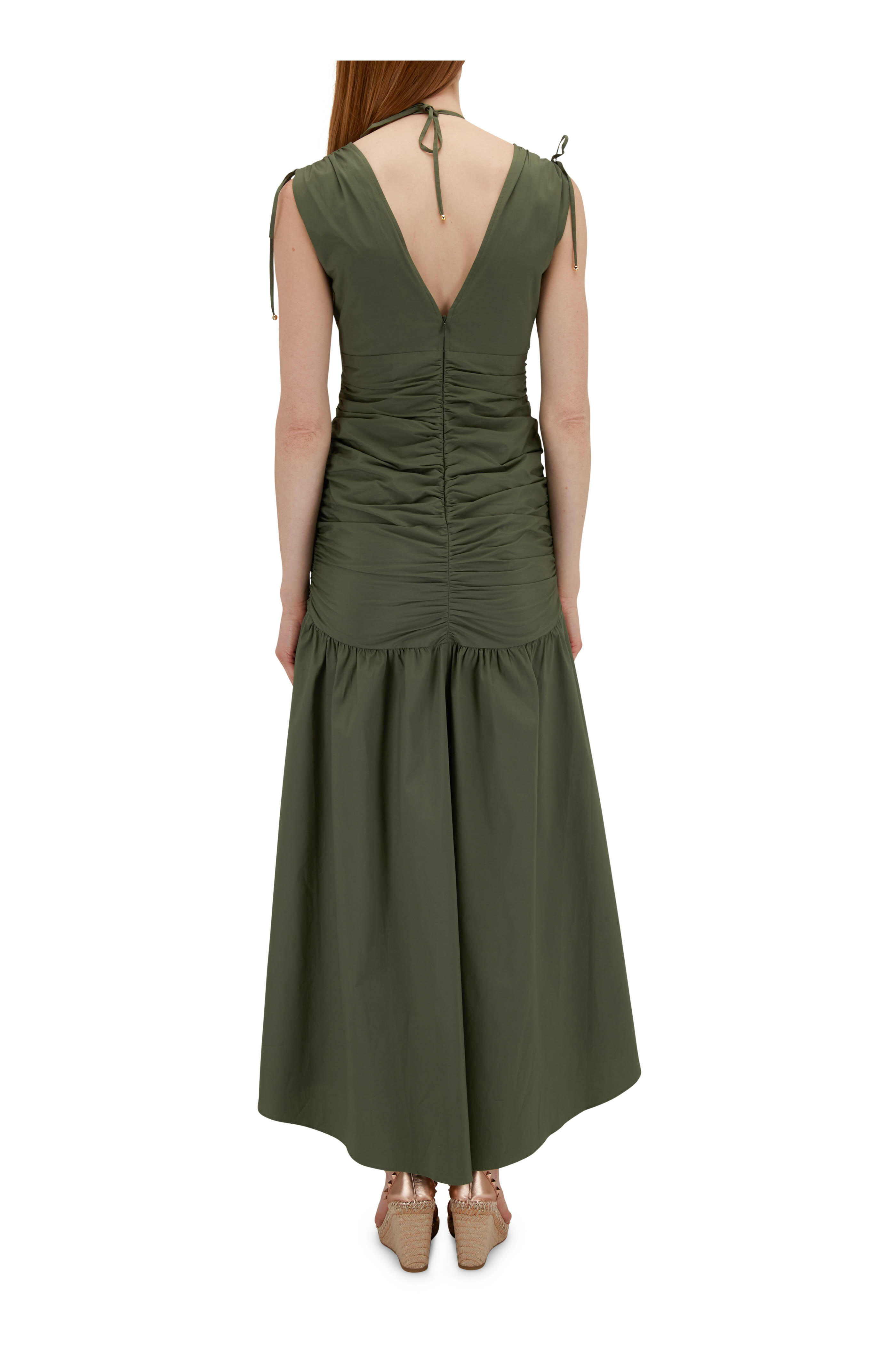 Veronica Beard - Perrin Stone Army Green Ruched High-Low Maxi Dress