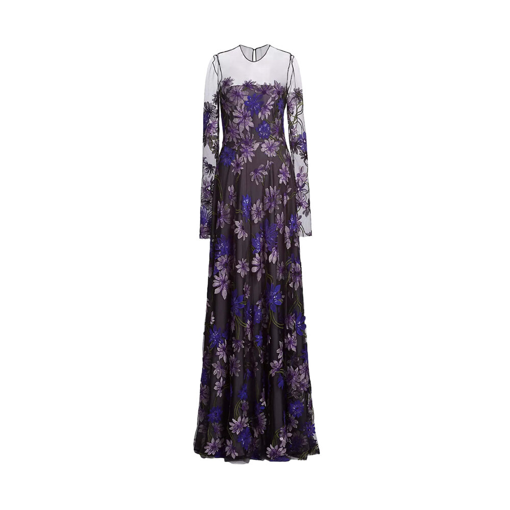 Naeem Khan - Lilac and Cobalt Floral Embellished Illusion Gown