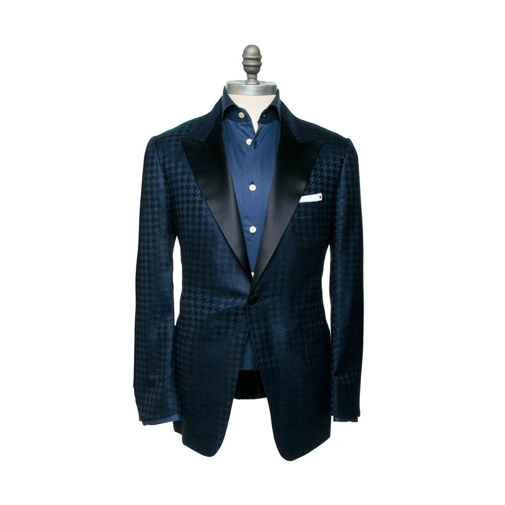 Kiton - Navy Tonal Houndstooth Dinner Jacket | Mitchell Stores