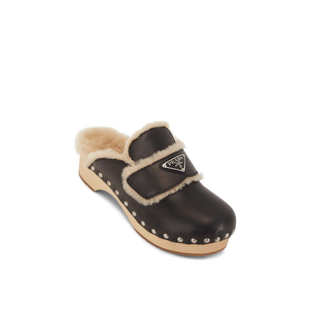 Prada - Black Leather Stud Shearling Lined Clog, 45mm