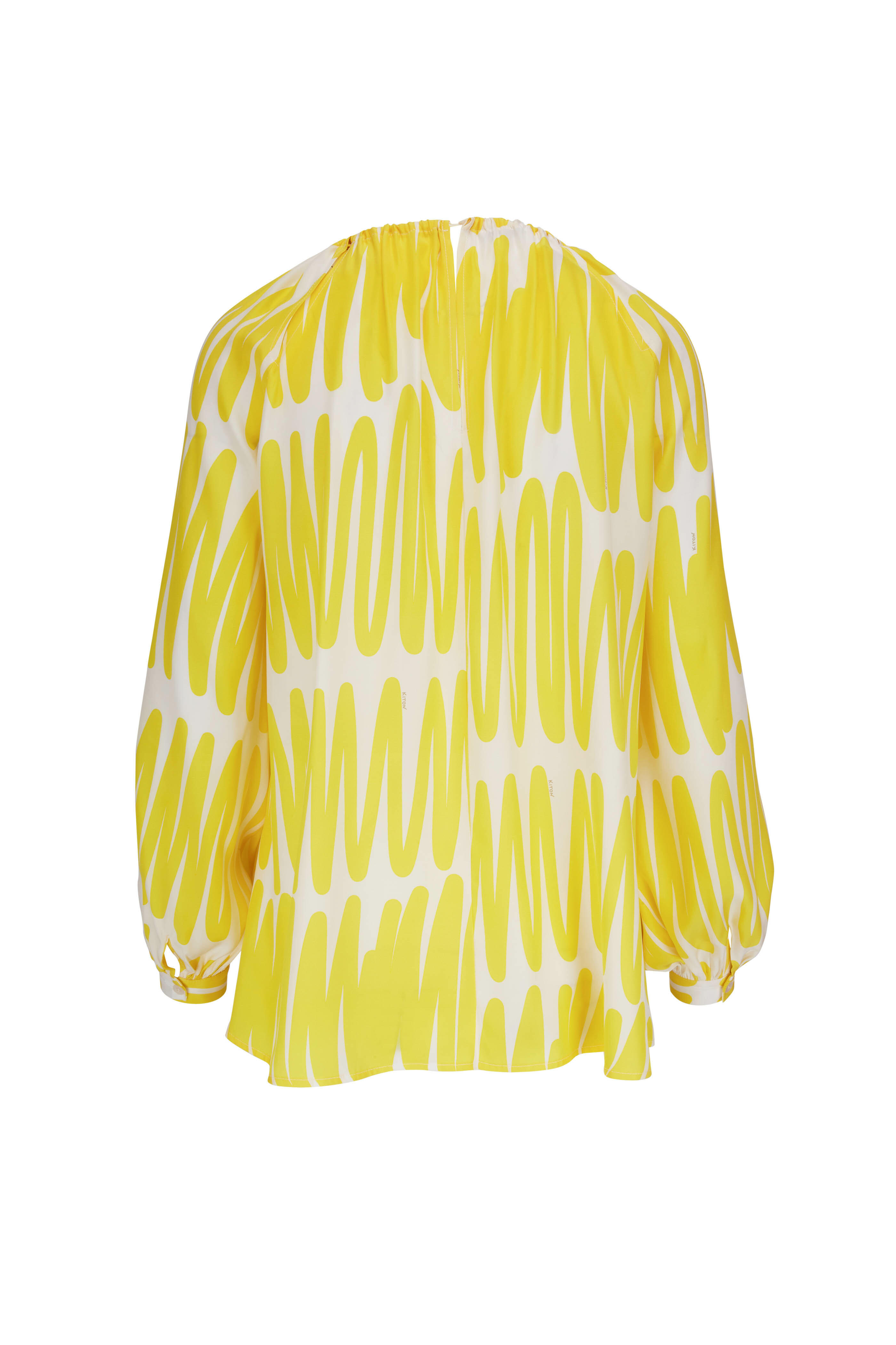 Kiton - Yellow Scribble Print Keyhole Silk Blouse
