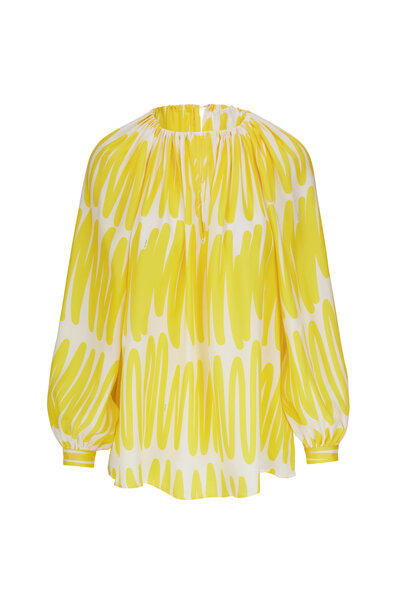 Kiton - Yellow Scribble Print Keyhole Silk Blouse