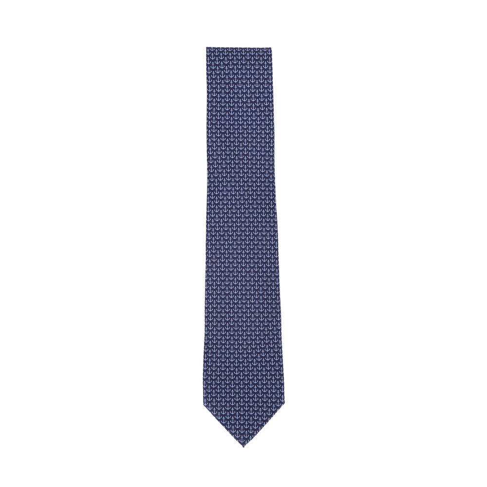 Ferragamo - Navy Blue Anchor Silk Necktie | Mitchell Stores