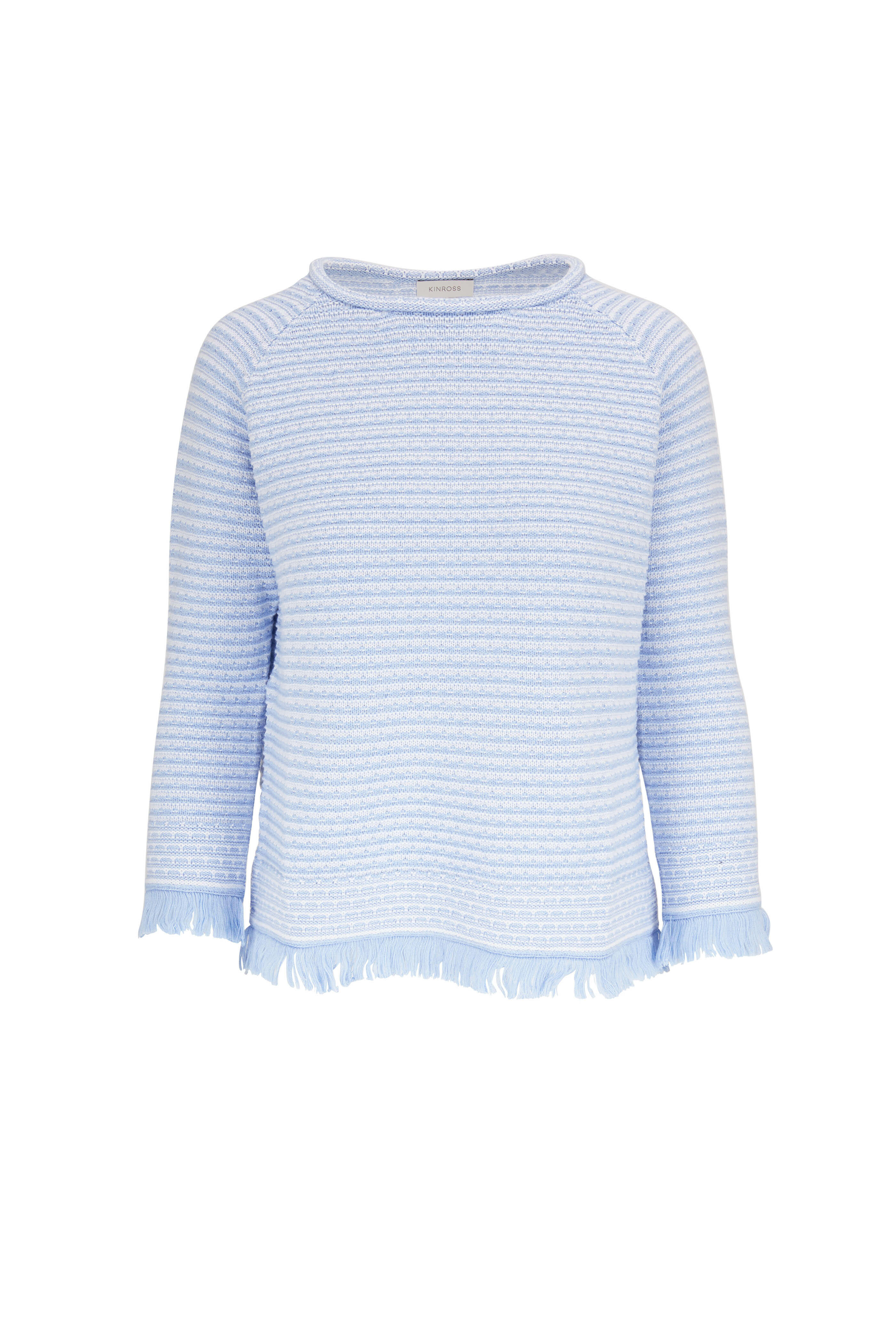 Kinross - Periwinkle & White Textured Fringe Pullover