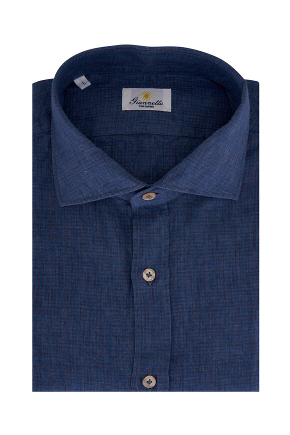 Giannetto - Blue & Brown Micro Check Linen Sport Shirt