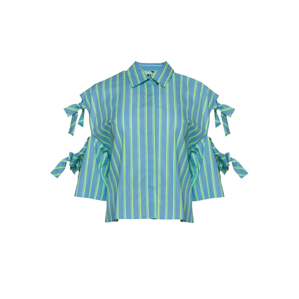 MSGM - Blue Neon Stripe Camica Bow Sleeve Shirt | Mitchell Stores
