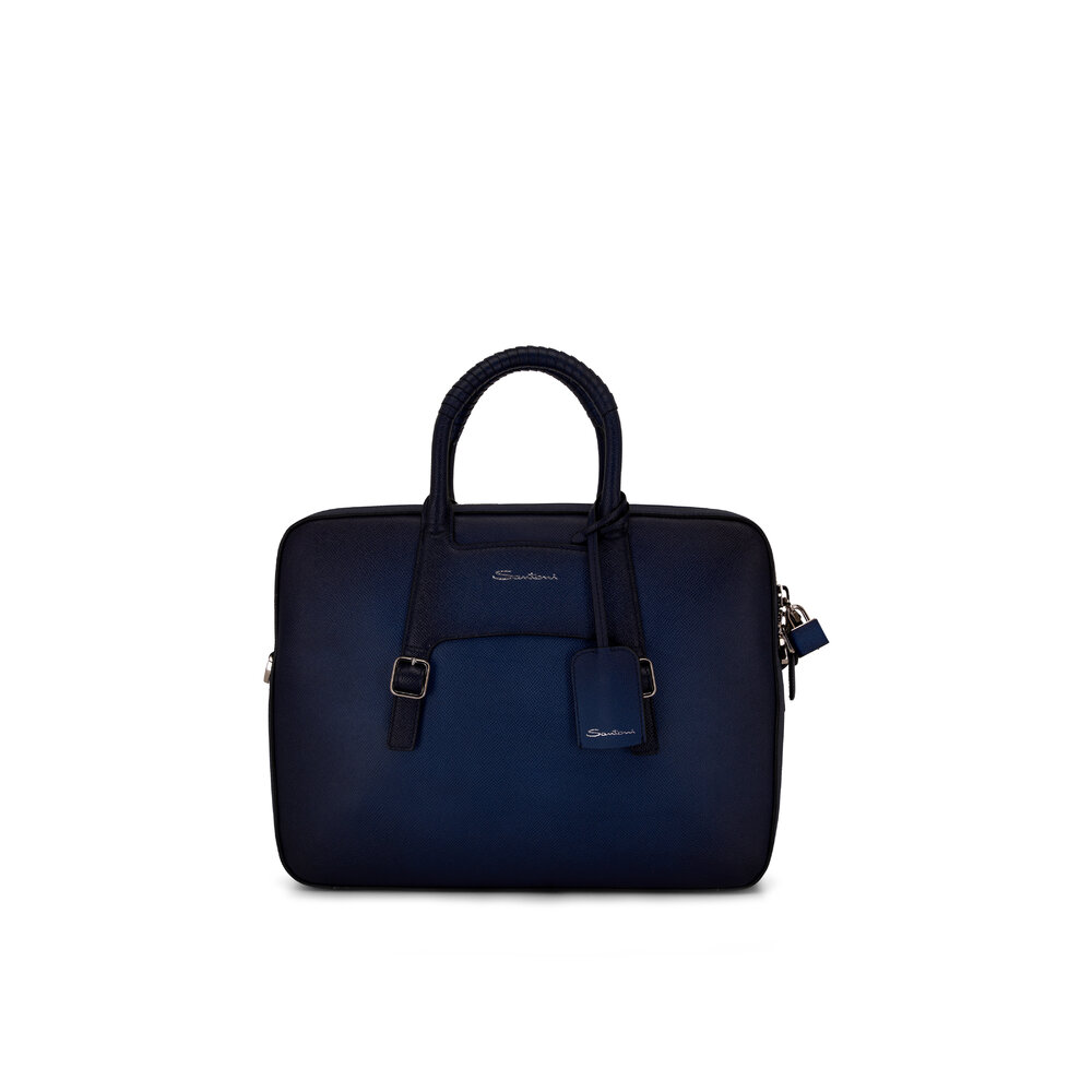 Santoni - Blue Grain Leather Briefcase | Mitchell Stores
