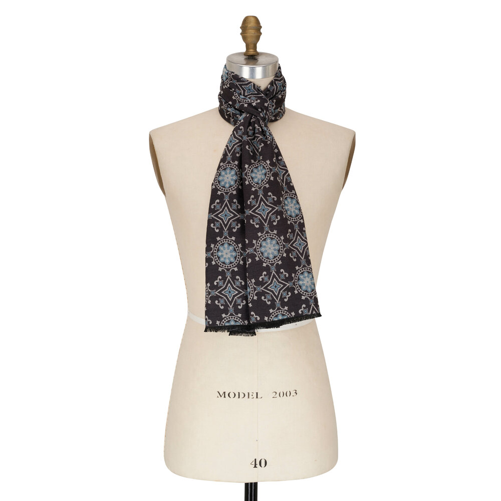 Kiton - Navy & Light Blue Abstract Silk Scarf | Mitchell Stores
