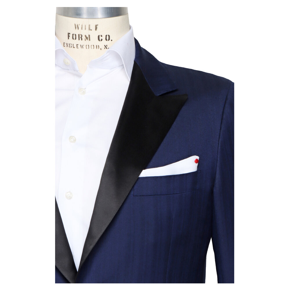 Kiton - Dark Blue Tonal Herringbone Dinner Jacket