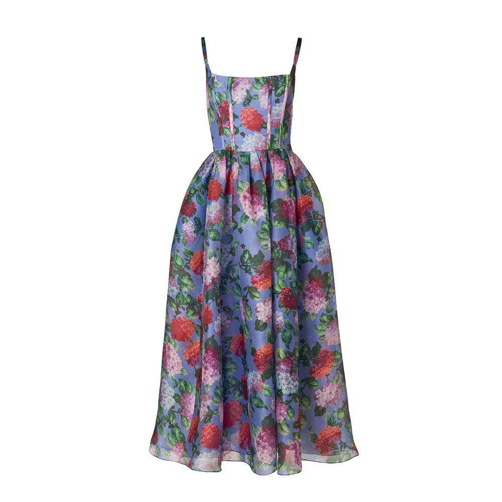 Carolina Herrera - Isle Blue Hydrangea Print Crepe Organza Dress
