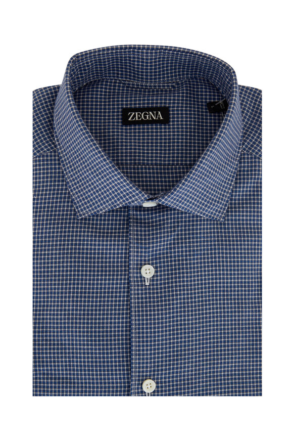 Zegna - Navy Blue Mini Check Sport Shirt | Mitchell Stores